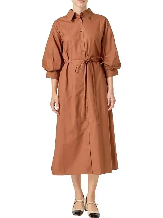 English Factory Flared Cotton Midi Shirt Dress - Brown
