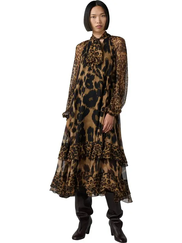 Diane Von Furstenberg Nadine Silk Chiffon Gown - Giant Snow Leopard Tobacco