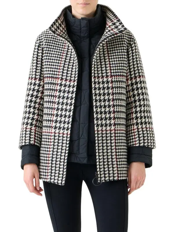Akris Glen Plaid 2-in-1 Car Coat - Black-cream-vermillion