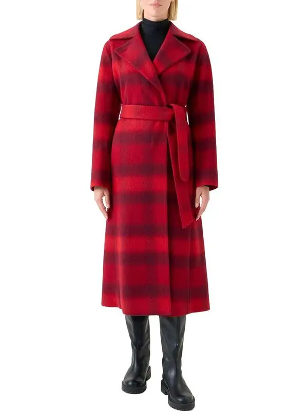 Akris Blurred Check Belted Wool Blend Long Coat - Cranberry-blackberry