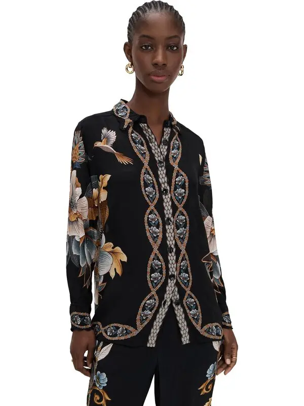 Farm Rio Tropical Print Button Down Shirt - Snake Floral Black