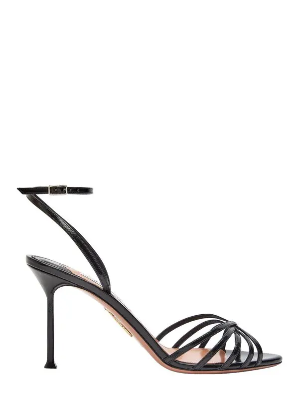 AQUAZZURA Tell Me 85 Glossed Leather Sandals - Black