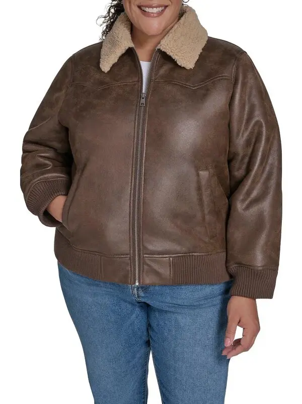 LEVI'S Faux Leather Western Bomber Jacket With Faux Shearling Trim - Coffee