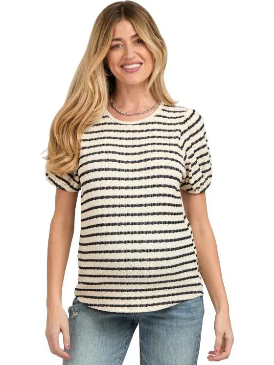 PINKBLUSH Striped Textured Puff Sleeve Top - Black