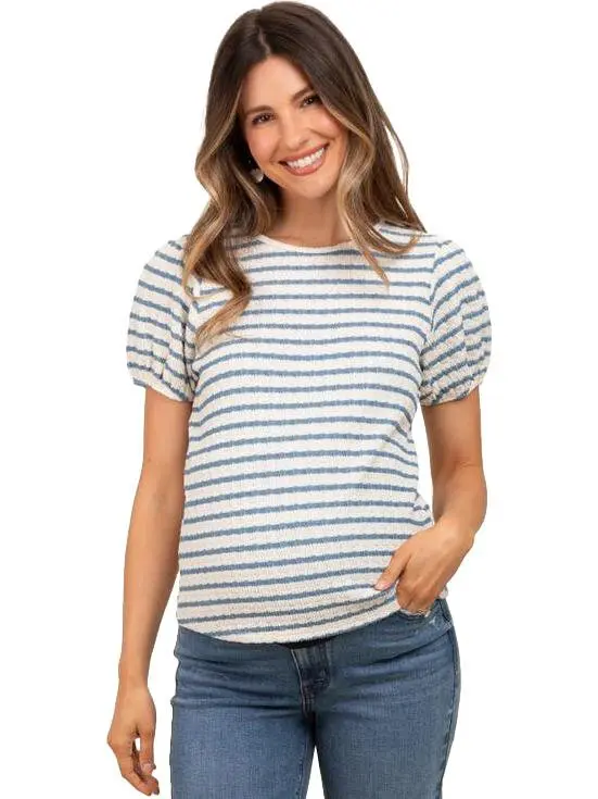 PINKBLUSH Striped Textured Puff Sleeve Top - Light Blue