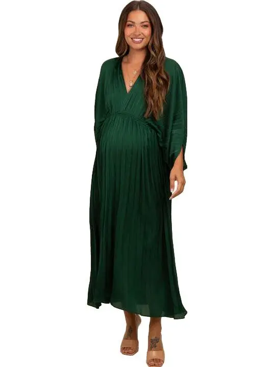 PINKBLUSH Satin Pleated V-neck Maternity Maxi Dress - Forest Green