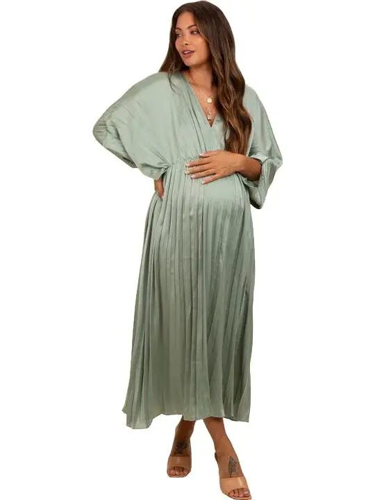 PINKBLUSH Satin Pleated V-neck Maxi Dress - Light Olive