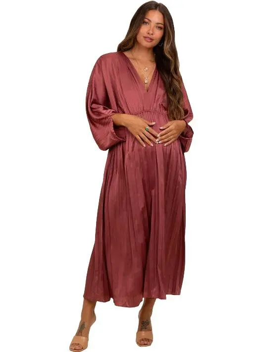 PINKBLUSH Satin Pleated V-neck Maxi Dress - Mauve
