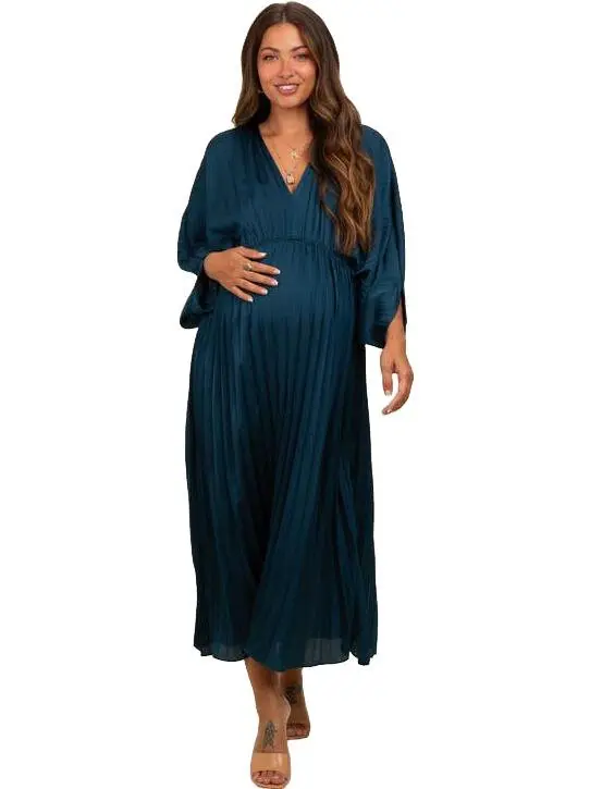 PINKBLUSH Satin Pleated V-neck Maxi Dress - Teal