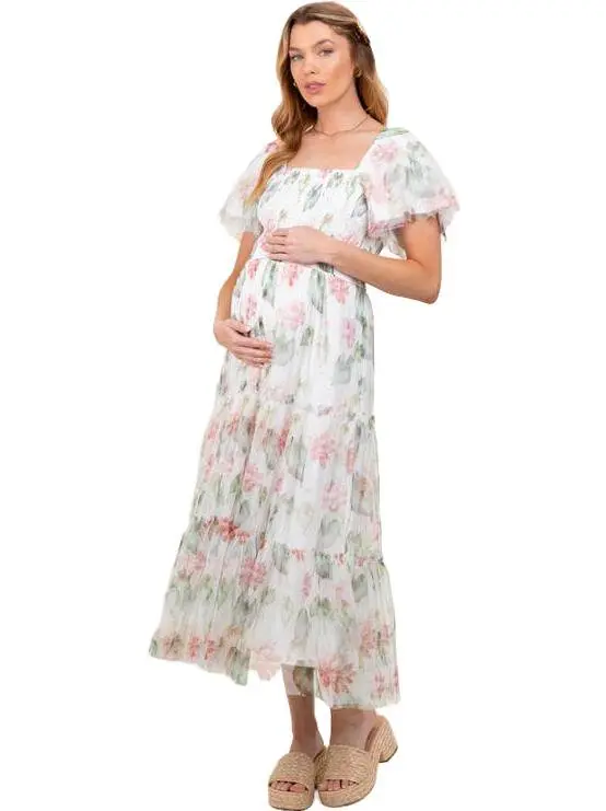 PINKBLUSH Floral Mesh Smocked Midi Dress - Ivory