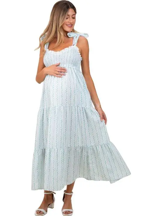 PINKBLUSH Floral Striped Smocked Shoulder Tie Maxi Dress - Blue