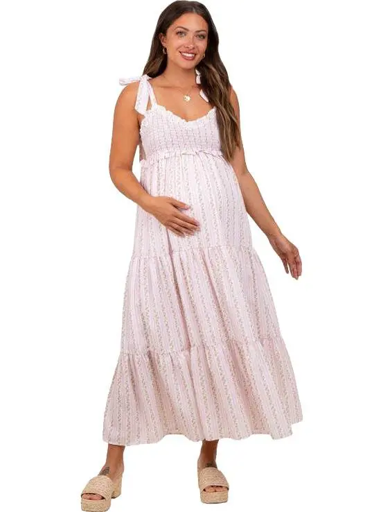 PINKBLUSH Floral Striped Smocked Shoulder Tie Maxi Dress - Pink