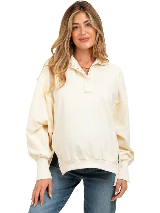 PINKBLUSH Snap Button Pullover Henley Sweatshirt - Cream
