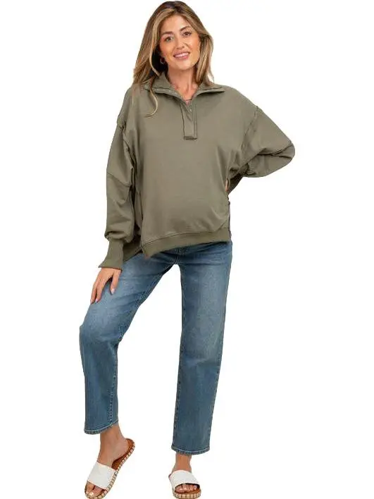 PINKBLUSH Snap Button Pullover Henley Sweatshirt - Olive Green