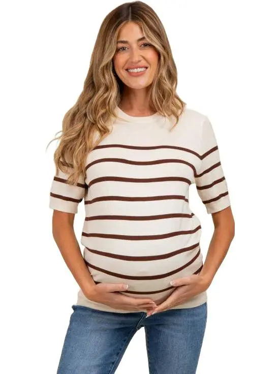 PINKBLUSH Striped Knit Short Sleeve Top - Brown