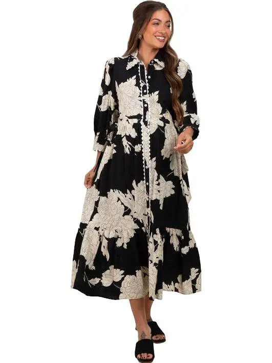 PINKBLUSH Floral Print Maternity Shirt Dress With Tie Waist - Black