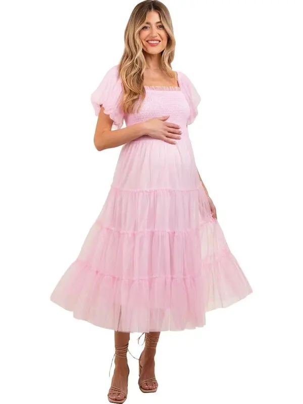 PINKBLUSH Smocked Tiered Tulle Midi Dress - Light Pink
