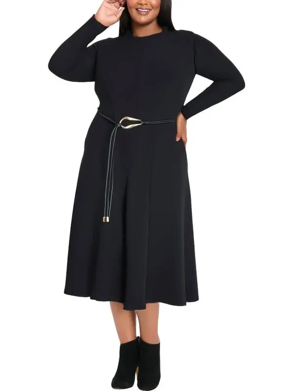Maggy London Tie Waist Long Sleeve Midi Fit & Flare Dress - Black