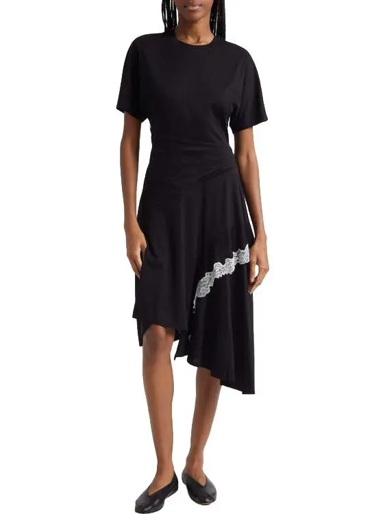 3.1 Phillip Lim Lace Detail Draped Asymmetric Hem Cotton T-shirt Dress - Black