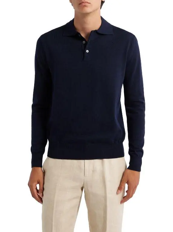 AURELIEN Long Sleeve Cashwool® Polo Sweater - Navy