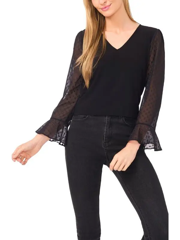 CECE DUPRAZ Metallic Dot Detail Mixed Media Crepe Top - Rich Black