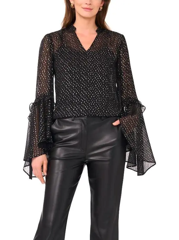 Vince Camuto Metallic Print Ruffle Sleeve Chiffon Top - Rich Black