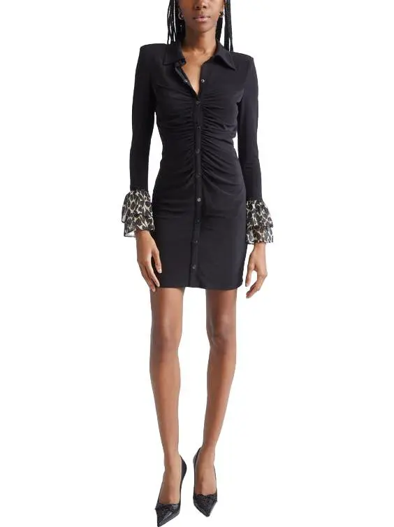 Ramy Brook Arden Long Sleeve Ruched Mini Shirtdress - Black /bone Foliage