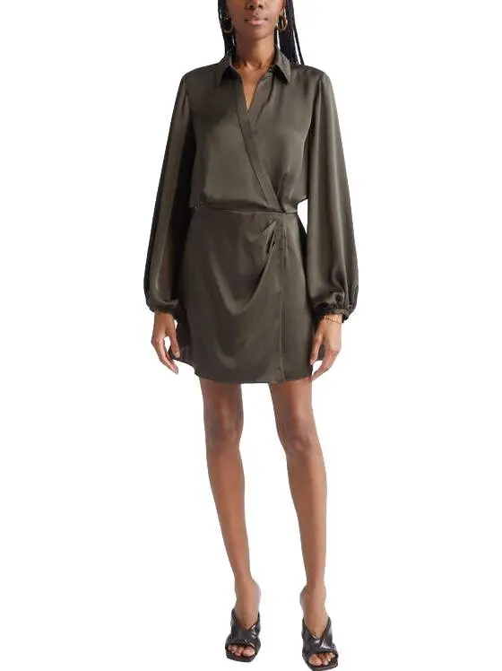 Ramy Brook Carolyn Long Sleeve Satin Wrap Dress - Deep Olive