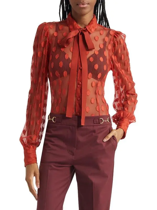 Ulla Johnson Soraya Dot Sheer Mesh Button-up Shirt - Ruby