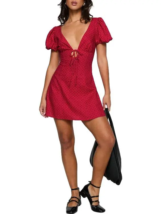 Princess Polly Polka Dot Puff Sleeve Linen Blend Mini Dress - Red