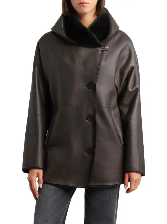 HISO Cherez Reversible Hooded Shearling Coat - Chocolate