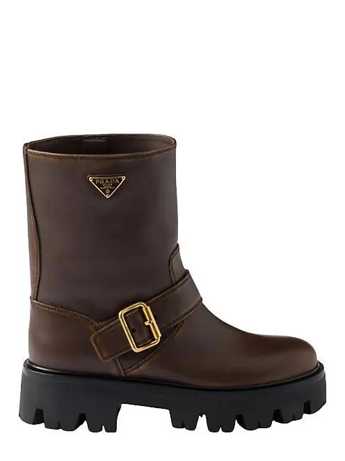 Prada Logo-embellished Leather Boots - Brown