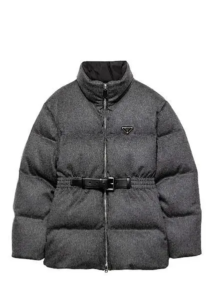 Prada Belted Shell-down Puffer Jacket - Grey