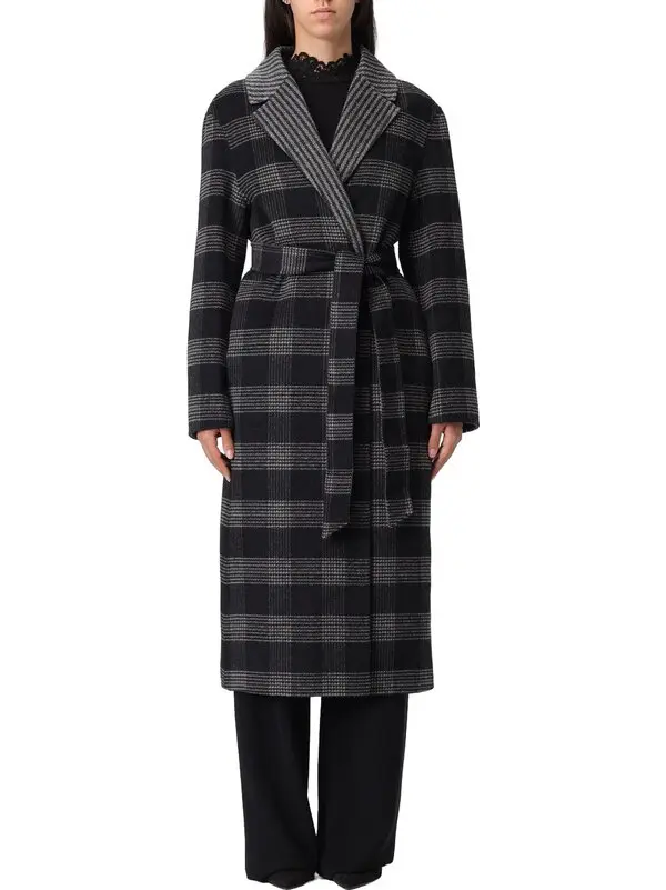 TWINSET Belted Plaid Overcoat - Black