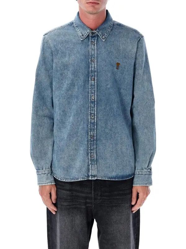 AMI Paris Button-down Collar Cotton Denim Shirt With Embroidered Logo - Blue