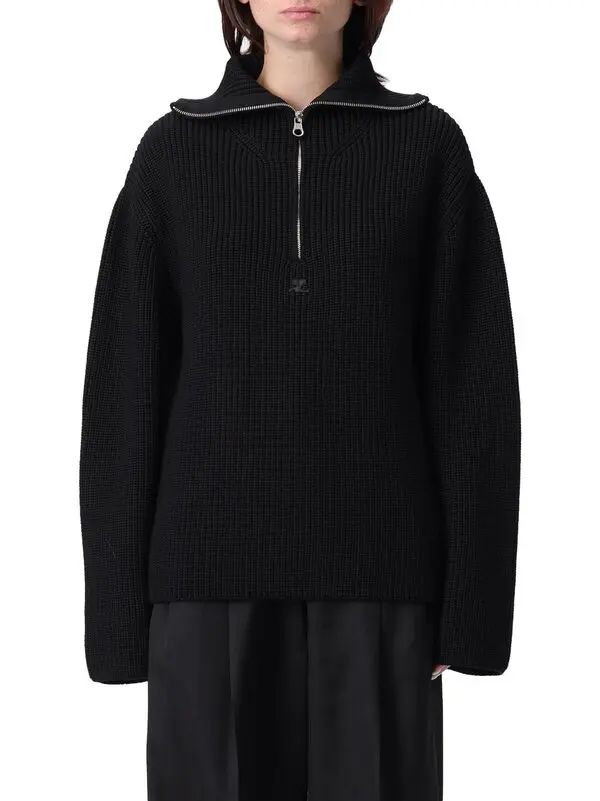 COURREGES Quarter Zip Ribbed Knit Sweater - Black