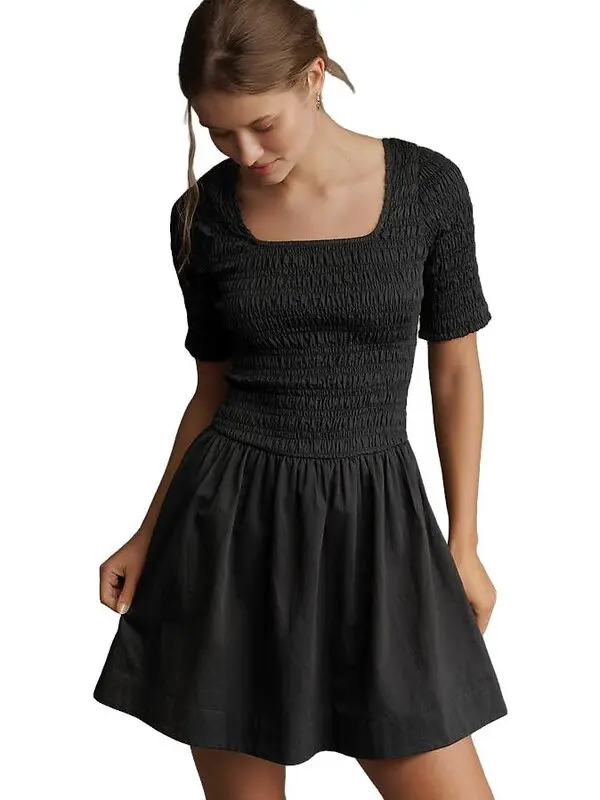 DAMSON MADDER Straight-neck Smocked Mini Dress - Black
