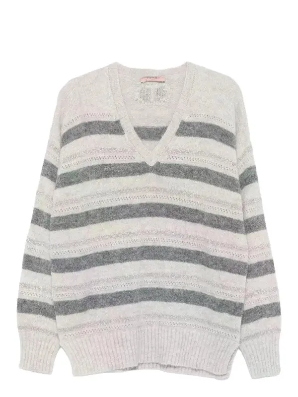 TWINSET Striped V-neck Sweater - Grey