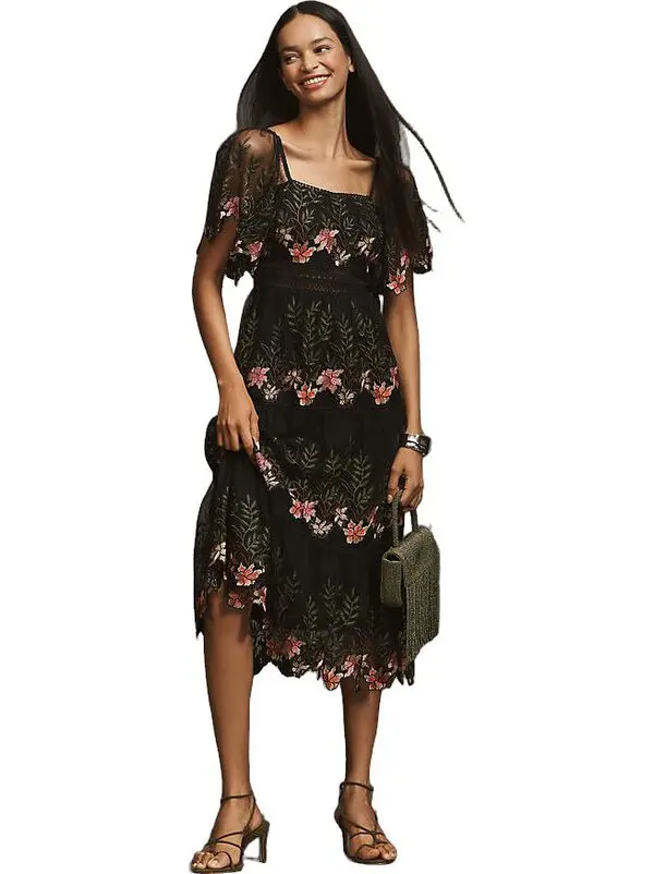 BL-NK Emryn Embroidered Midi Dress - Black Pattern