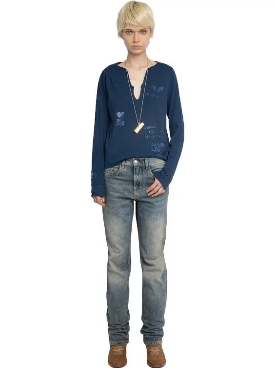 Zadig&Voltaire Long-sleeved Henley T-shirt With Rhinestones - Blue