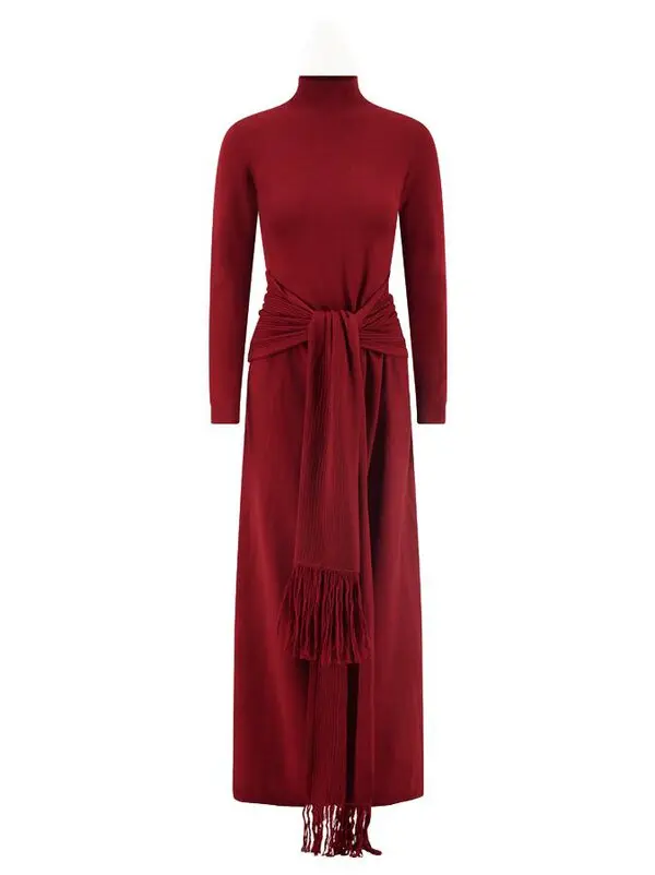 Lela Rose Merino Wool Knit Mock Neck Wrap Dress - Burgundy / Purple