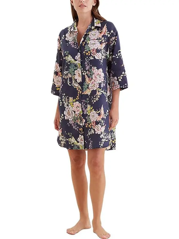 PAPINELLE Betsy Floral Cotton Sateen Night Shirt - Navy