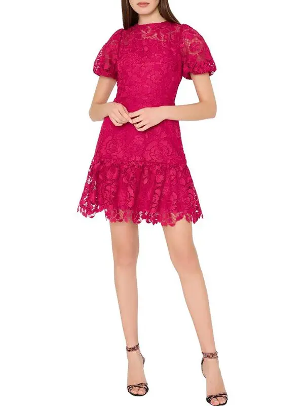 MILLY Yasmin Rose Mosaic Lace Dress - Raspberry
