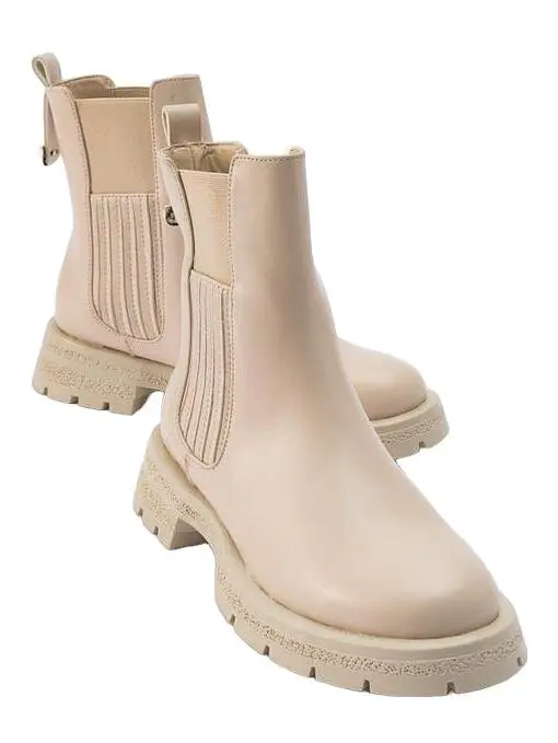 PROLOGUE SHOES Chelsea Block Heel Boots - Beige Faux Leather