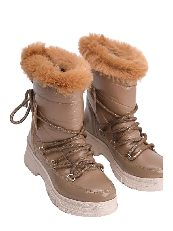 PROLOGUE SHOES Rosie Fur Lined Boots - Light Beige Faux Leather