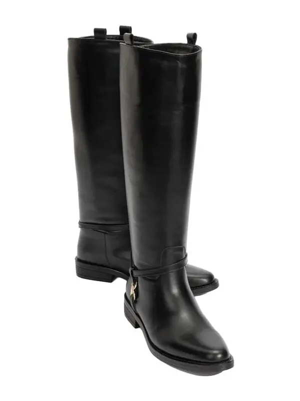 FOREVER & ALWAYS SHOES Leather Knee High Buckle Boots - Black Leather