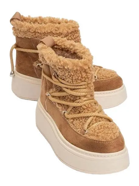 PROLOGUE SHOES Faux-fur Lined Platform Boots - Cognac Faux Leather