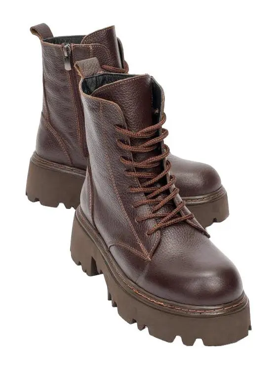 FOREVER & ALWAYS SHOES Leather Lace-up Ankle Boots - Brown Leather