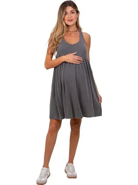 PINKBLUSH Ribbed Sleeveless Open Back Midi Dress - Charcoal Grey