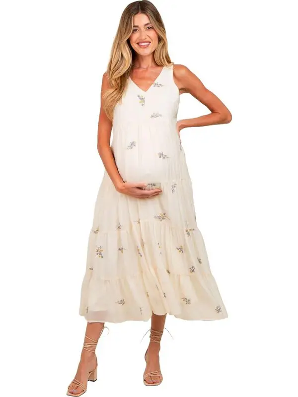 PINKBLUSH Ditsy Floral Embroidered Tiered Maternity Dress - Lavender